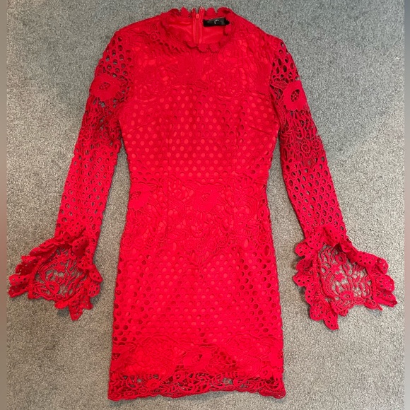 Missguided | Dresses | Missguided Red Lace Cover Dress Long Sleeve ...